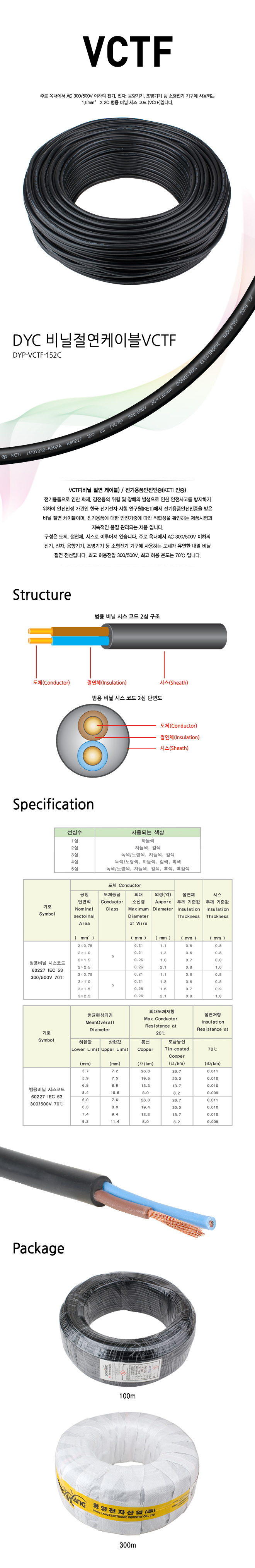 KWshop - 동양 DYP-VCTF-152C(100) VCTF 1.5mm² X 2C 범용 비닐 시스 코드 100m